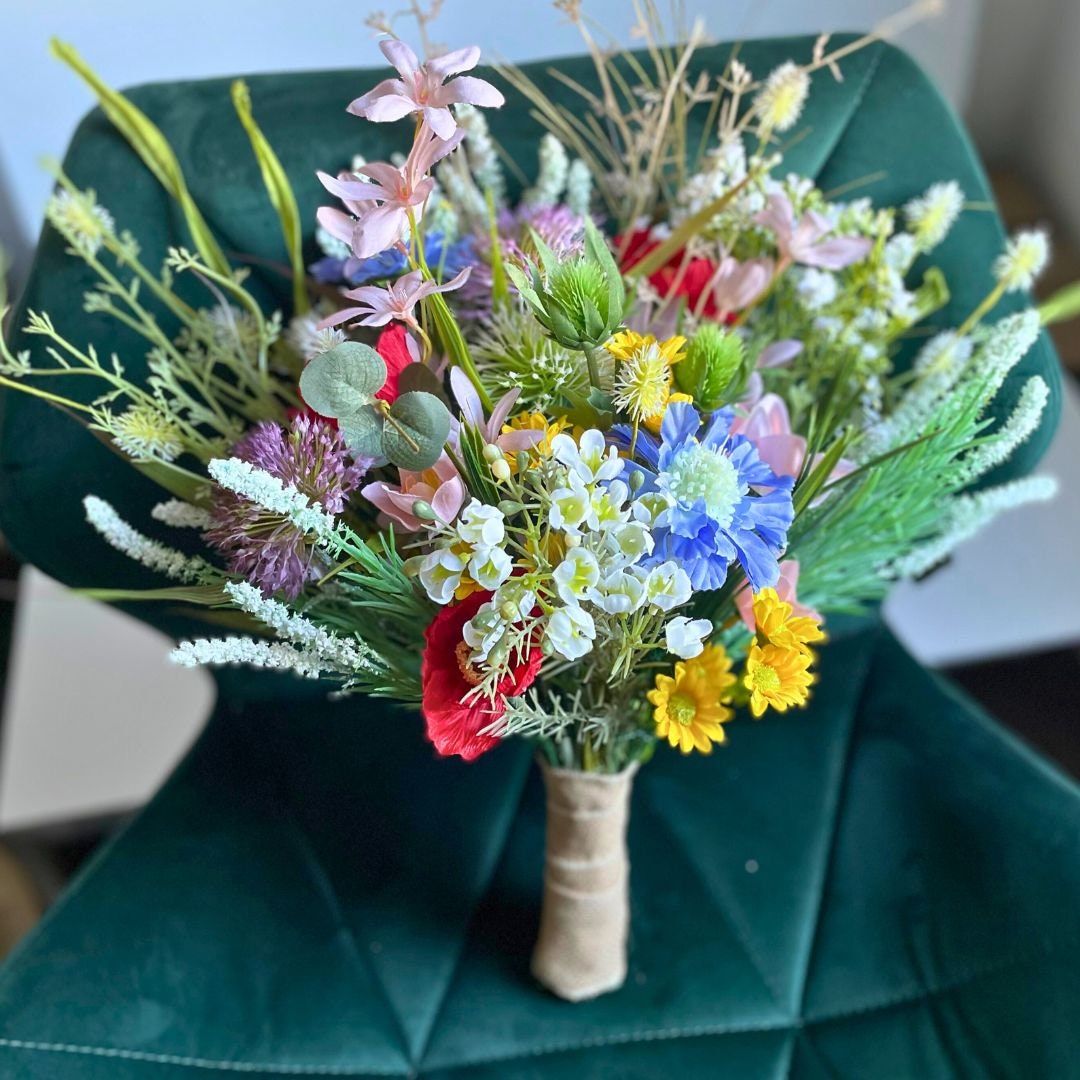 Wildflower Wedding Bouquet: Colorful Meadow Flowers, Rustic Hessian ...