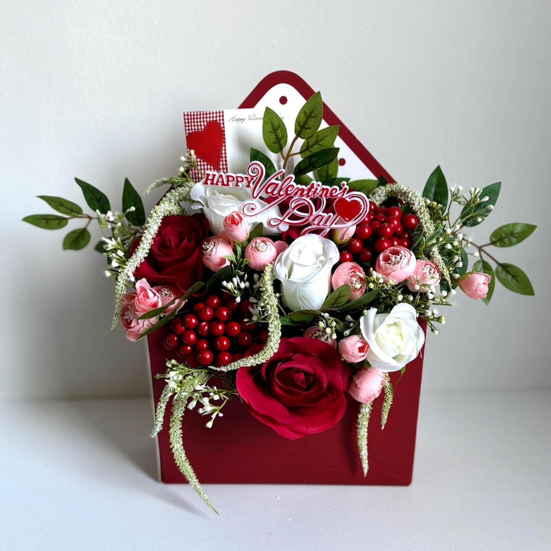 Envelope Flower Bouquet – Red & White Rose, Pink Ranunculus Artificial ...