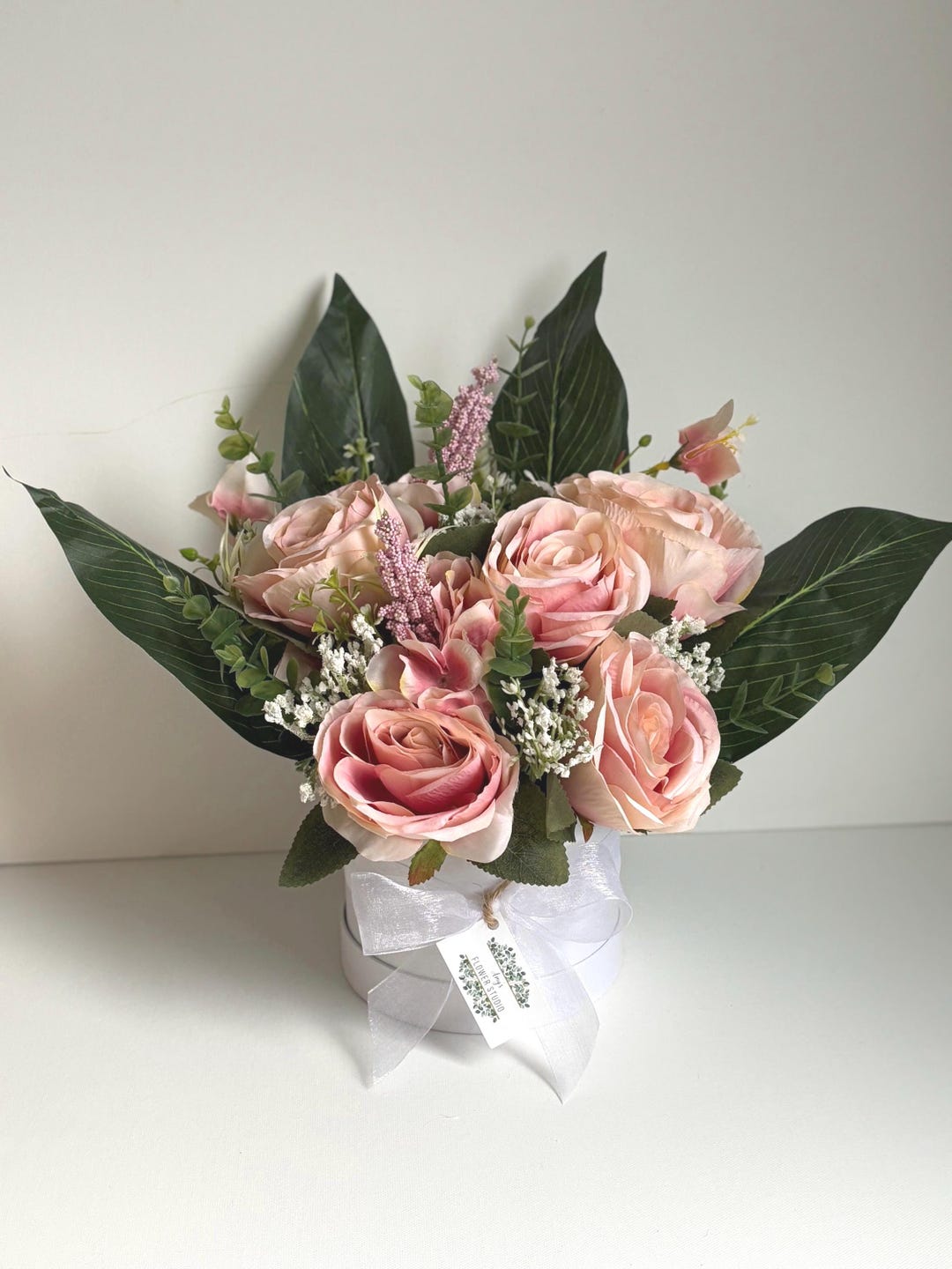 Pink Rose Hat Box Artificial Silk Flower Bouquet for Valentines ...