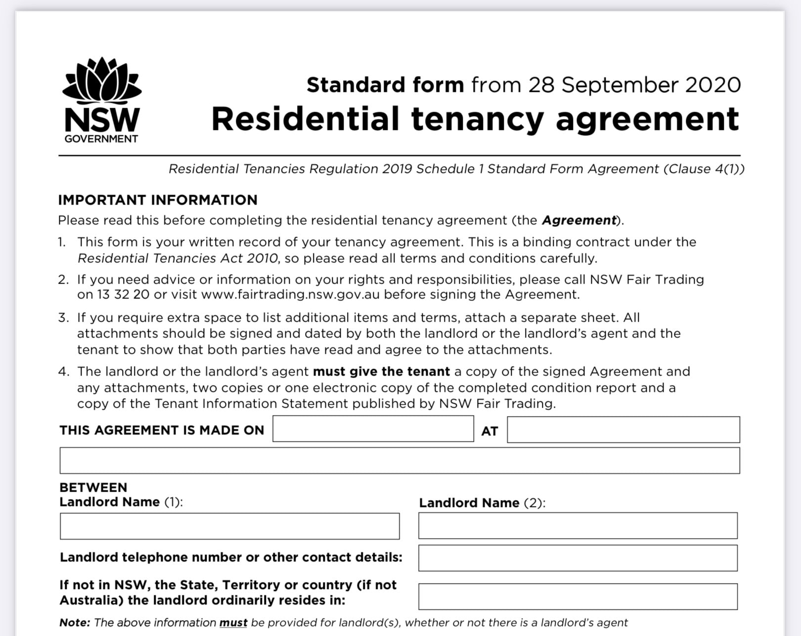 NSW Official Residential Tenancy Agreement Fair Trading Approved ...