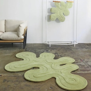 Amoeba Cream & Blue, Irregular Shaped Throw Rug Illusion Abstract ...