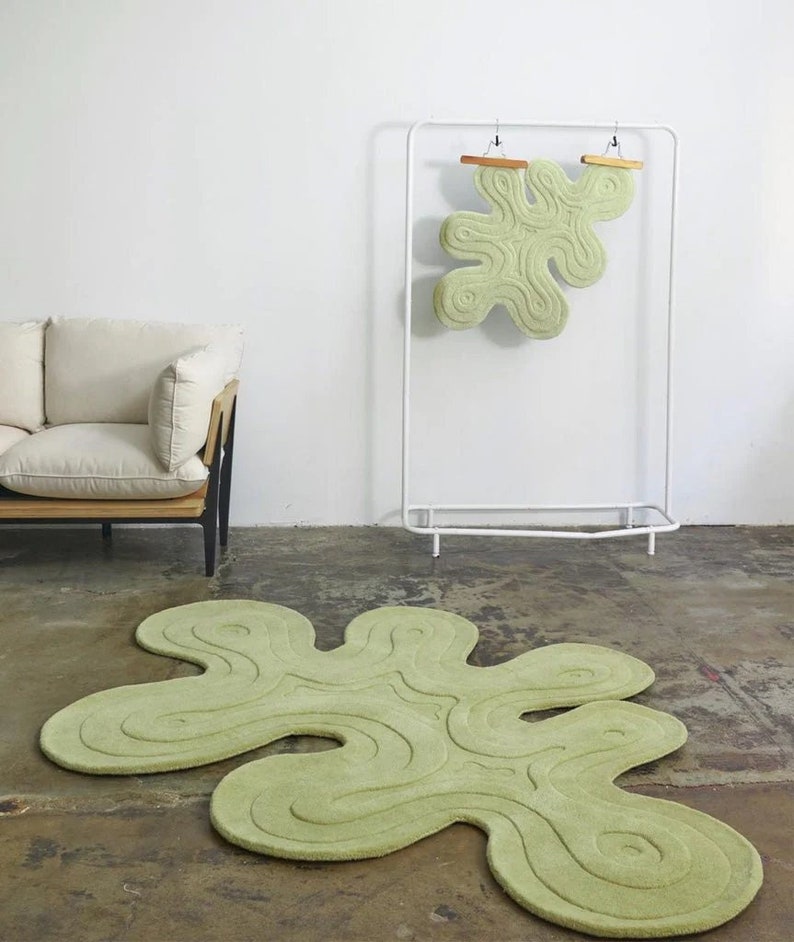 Amoeba Cream & Blue, Irregular Shaped Throw Rug Illusion Abstract ...
