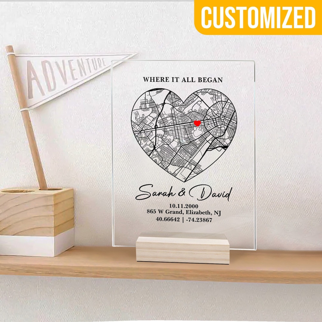 Custom Location Heart Map, Our First Date Acrylic Plaque, Custom Map ...