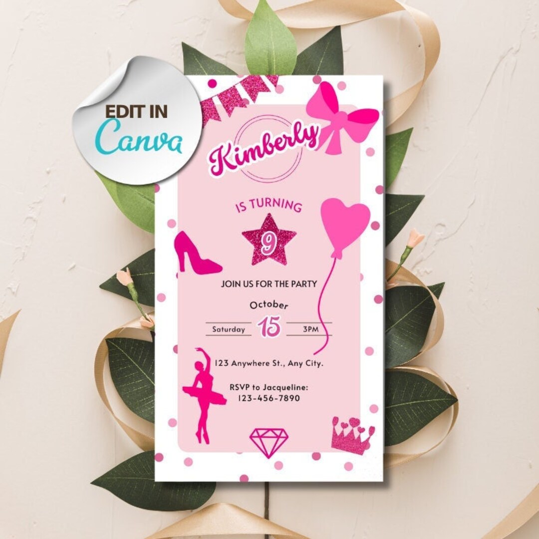 Pink Princess Doll Party Invitation Canva Invitation - Etsy