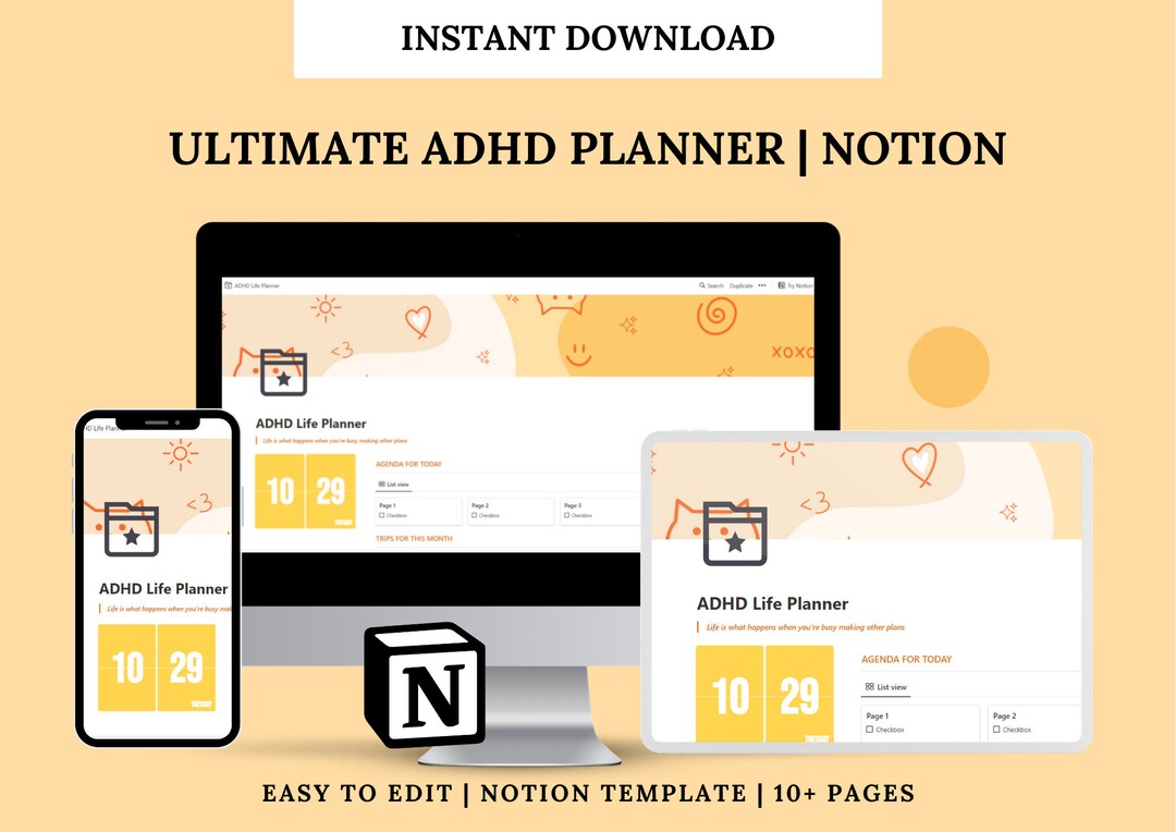 ADHD ORANGE Notion Life Planner,adhd Notion Template All in One,weekly Planner,notion Dashboard ...
