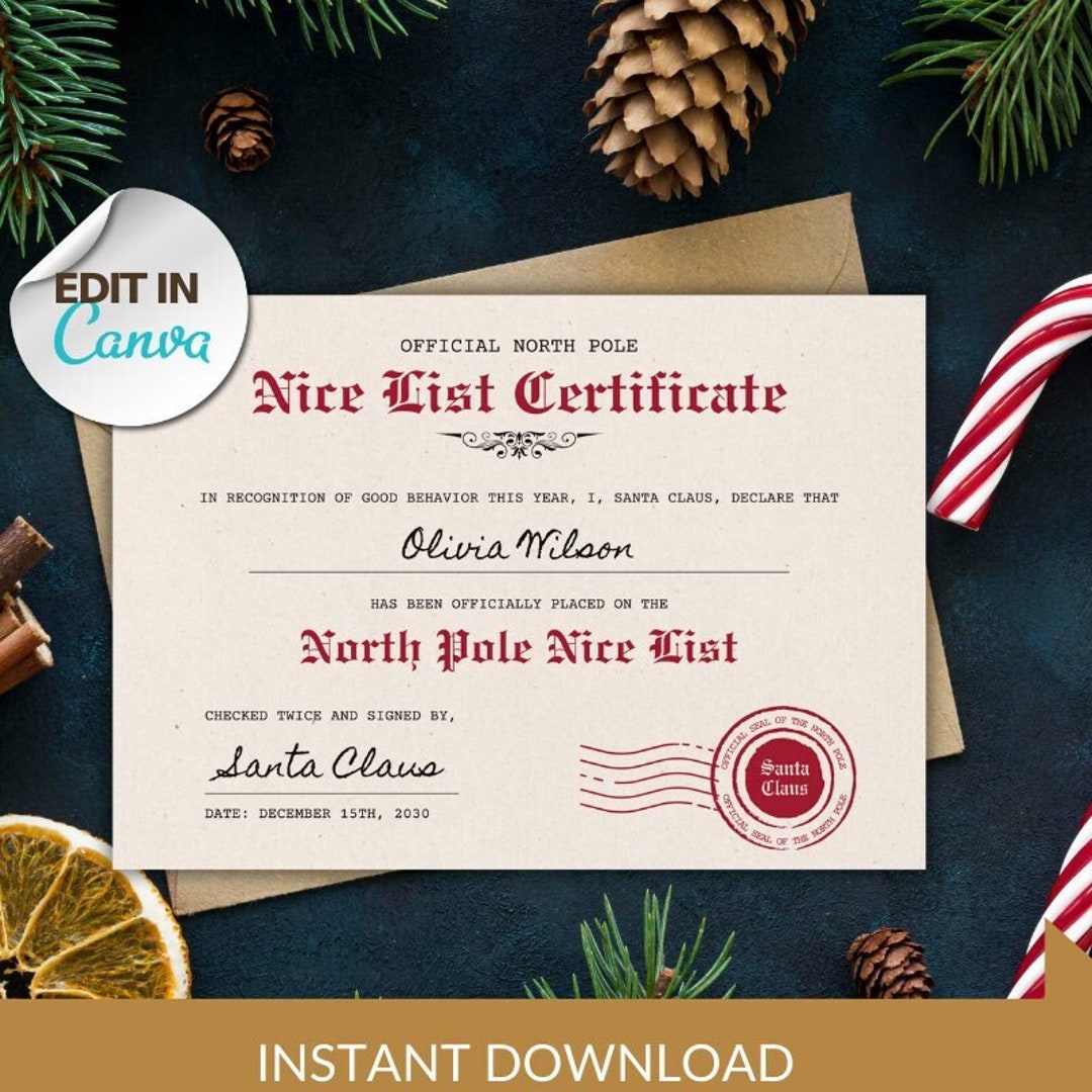 Certificat de belle liste du Père Noël imprimable et - Etsy France