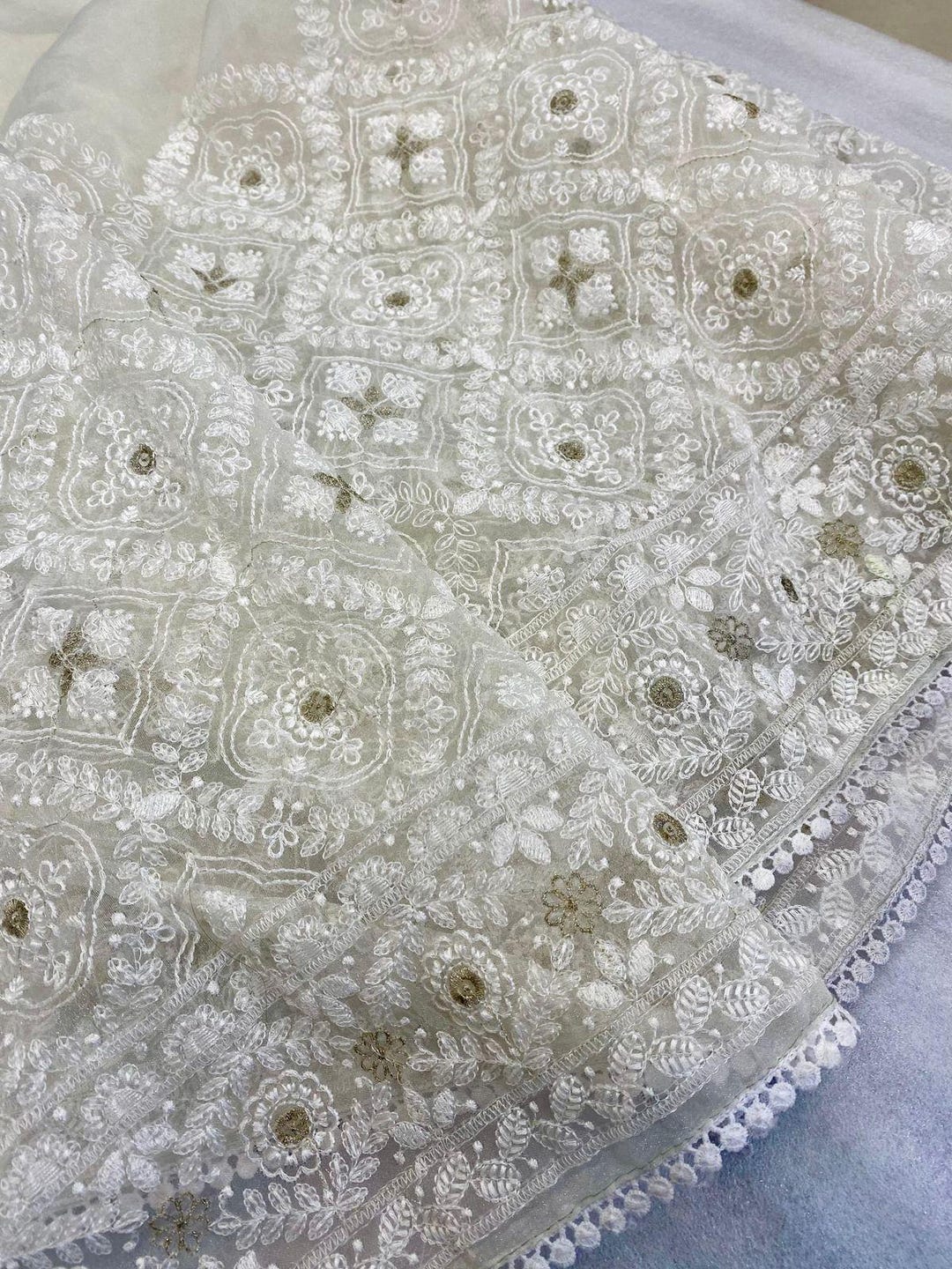Pure Off-white Silk Organza Saree With Lucknowi and Silver Zari Touch ...