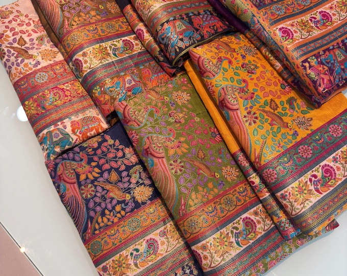 Multicolor Brown Jamewar Kashmiri Weaving Pashmina Sari With Beautiful ...