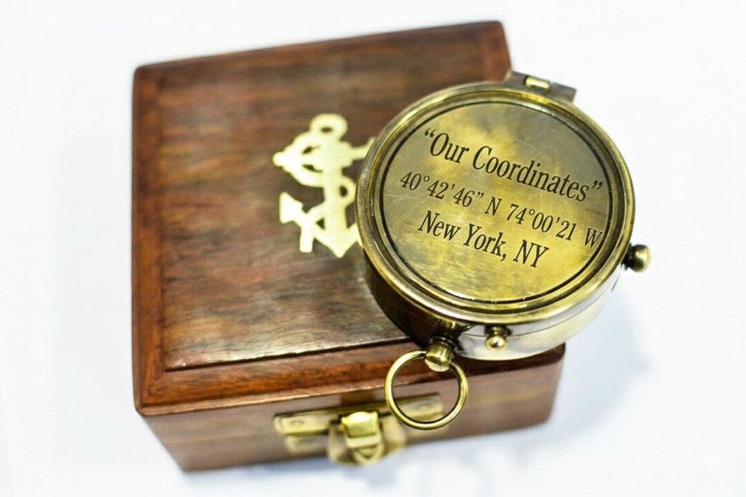 Engraved Brass Compass With Walnut Box: Personalized Coordinates Gift ...