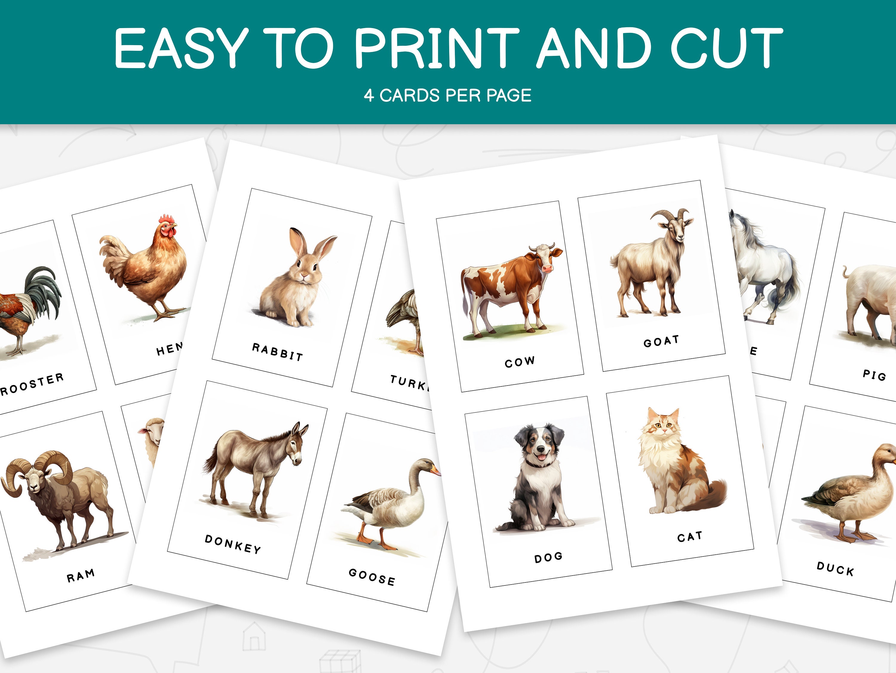FARM ANIMALS Montessori Cards Flashcards PDF Printable Cards Preschool ...