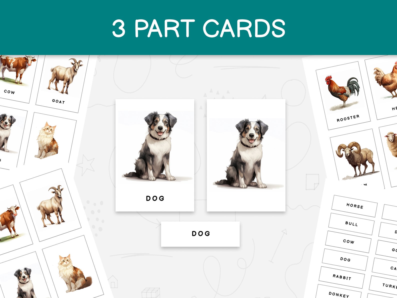 FARM ANIMALS Montessori Cards Flashcards PDF Printable Cards Preschool ...