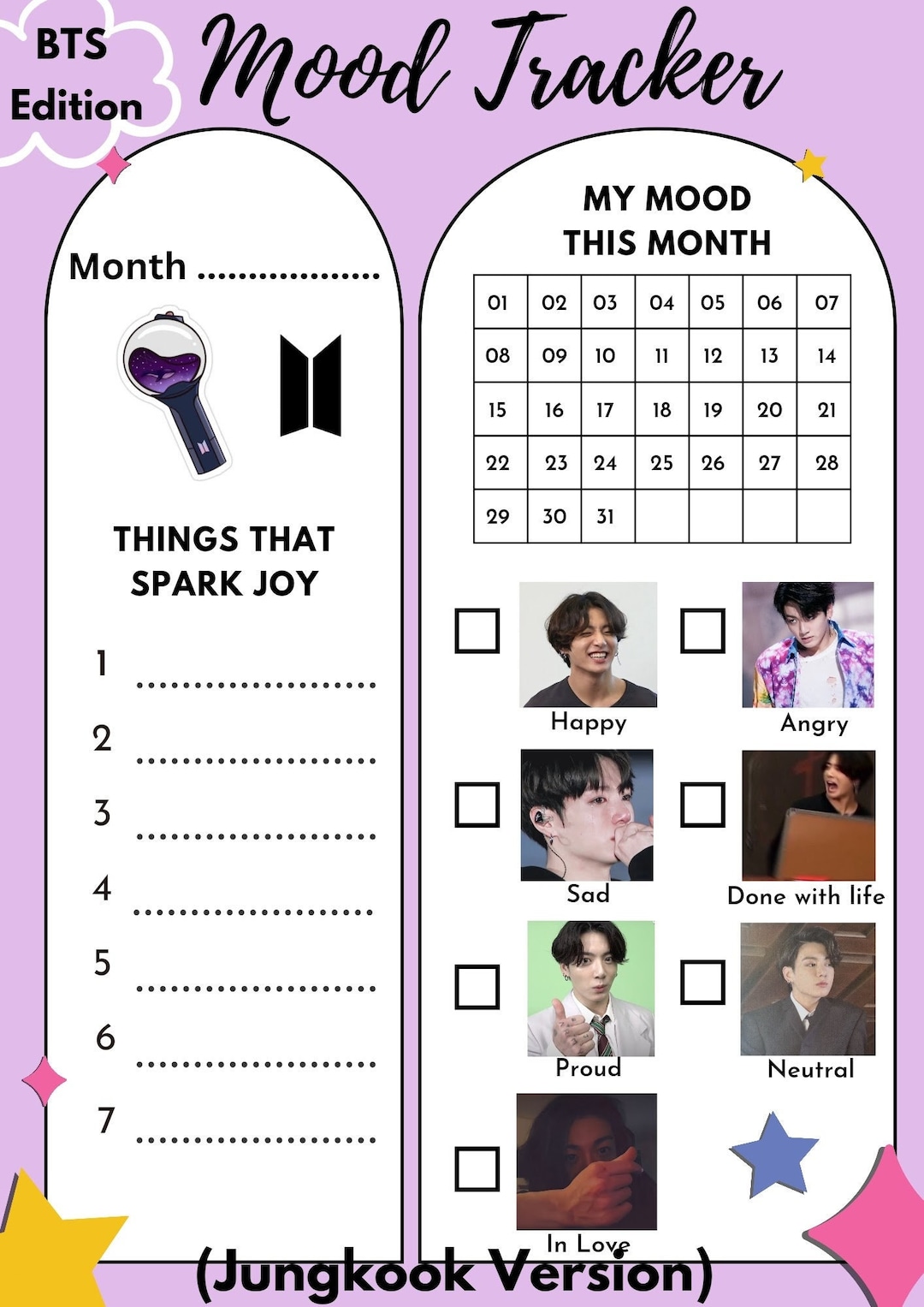 Printable Monthly Mood Tracker BTS Edition Jungkook - Etsy
