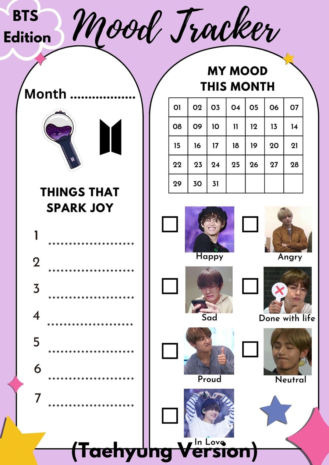 Printable Monthly Mood Tracker BTS Edition Taehyung - Etsy