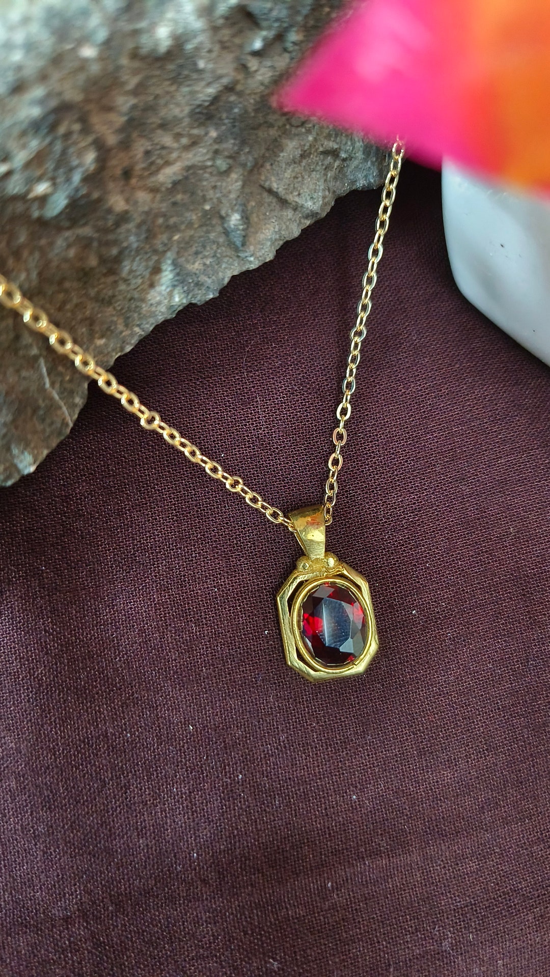 Ruby A.D Stone Hexagon Shape Pendant With Anti Tarnish Chain, Gift For ...