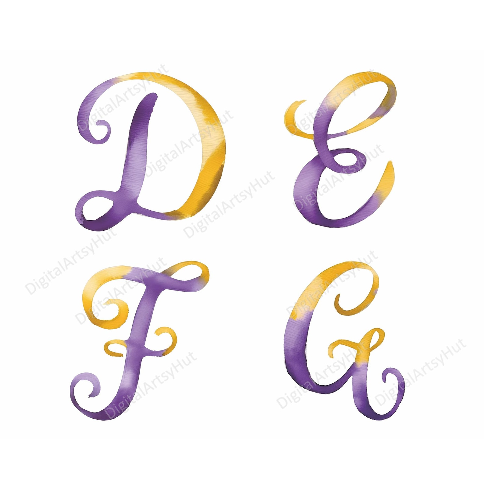 Watercolor Purple & Yellow Alphabet Clipart: 37 PNG Monogram Letters ...