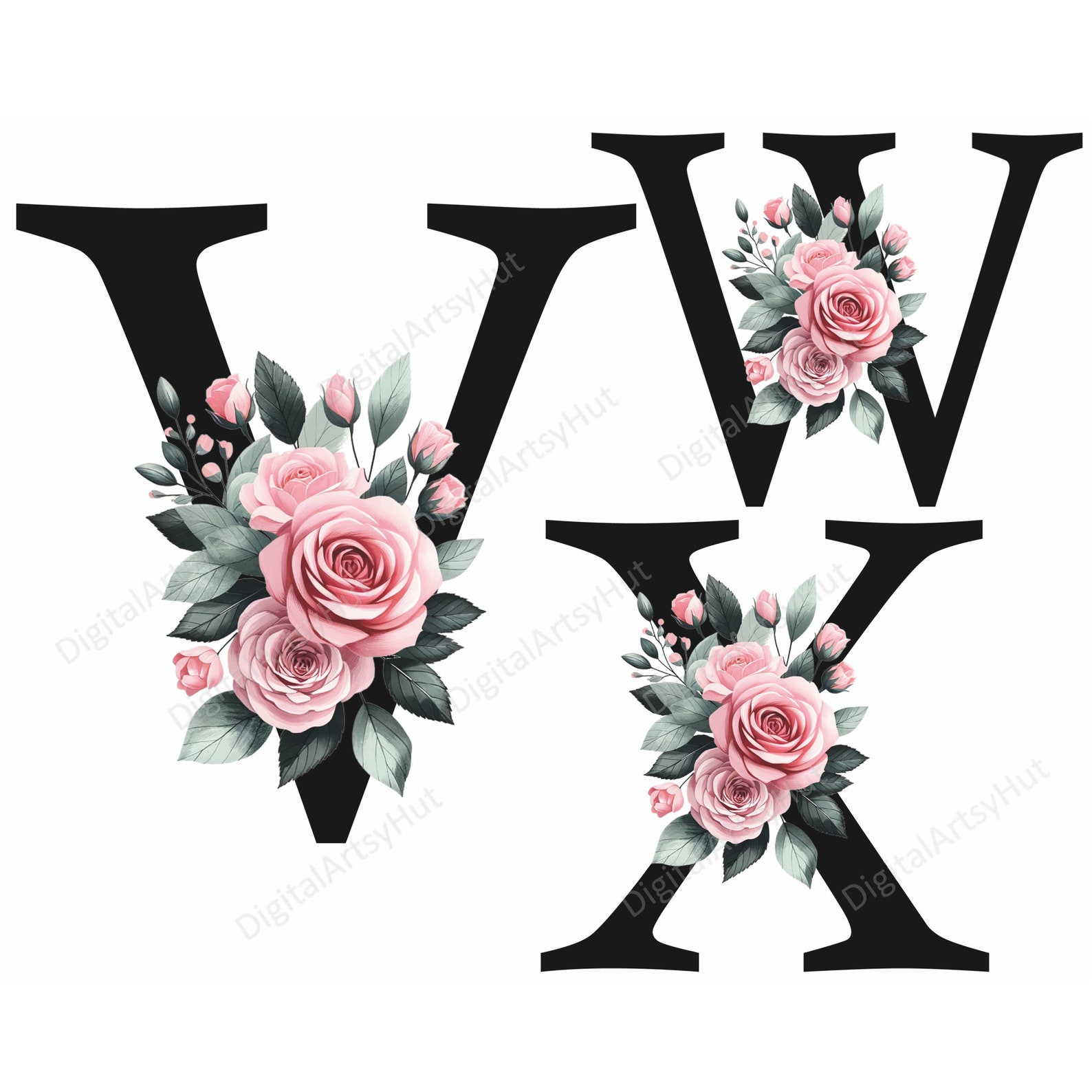Watercolor Rose Floral Letter Clipart: Wedding Monogram (digital ...