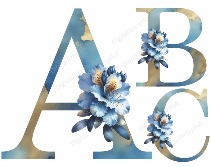 Watercolor Floral Alphabet Clipart: Blue Floral Letters (PNG) - Etsy Canada