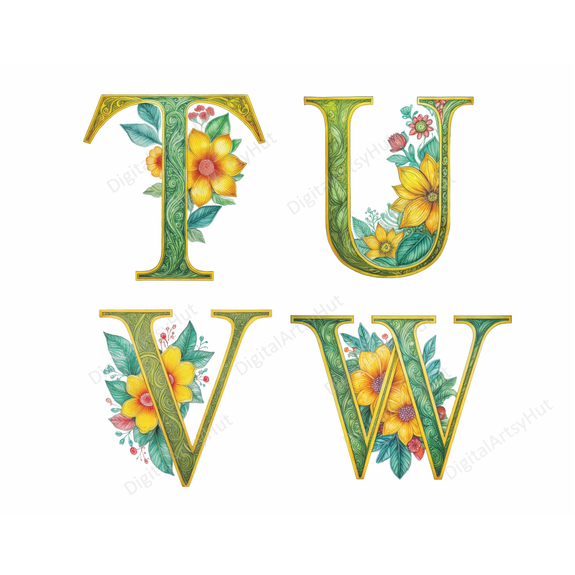 Floral Alphabet Clipart Bundle: Decorative PNG Letters (digital ...