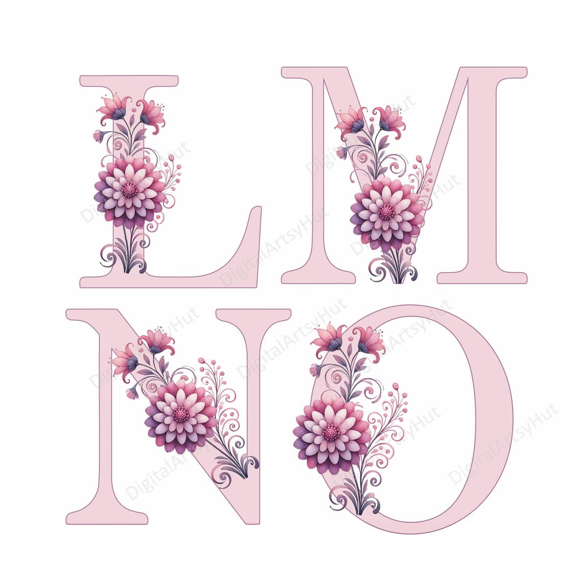 Floral Alphabet Clipart Bundle: Pink Flower Letters (PNG Digital ...