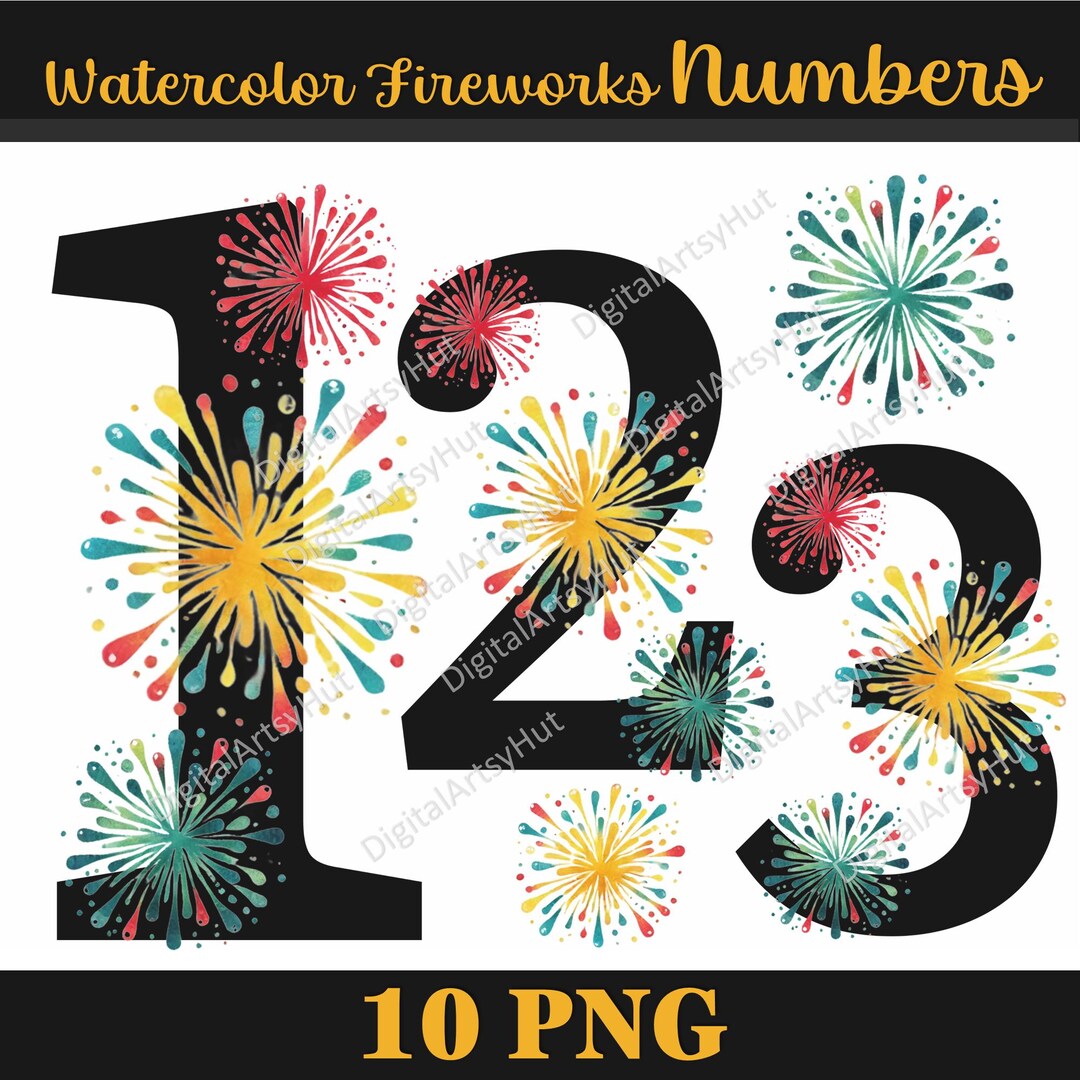 Watercolor Numbers Clipart With Watercolor Fireworks. Festive, New Year ...