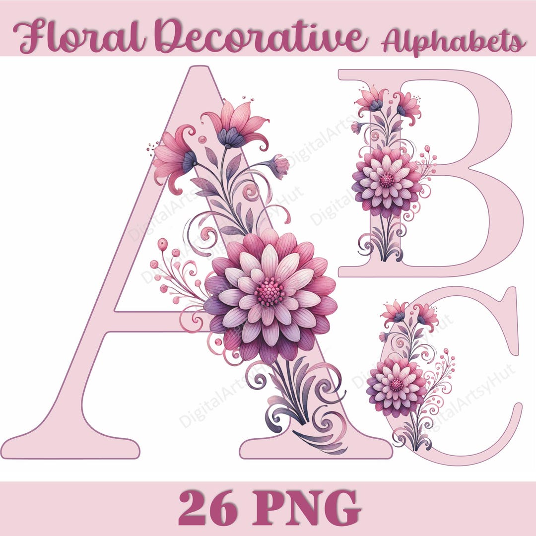 Floral Alphabet Clipart Bundle: Pink Flower Letters (PNG Digital ...