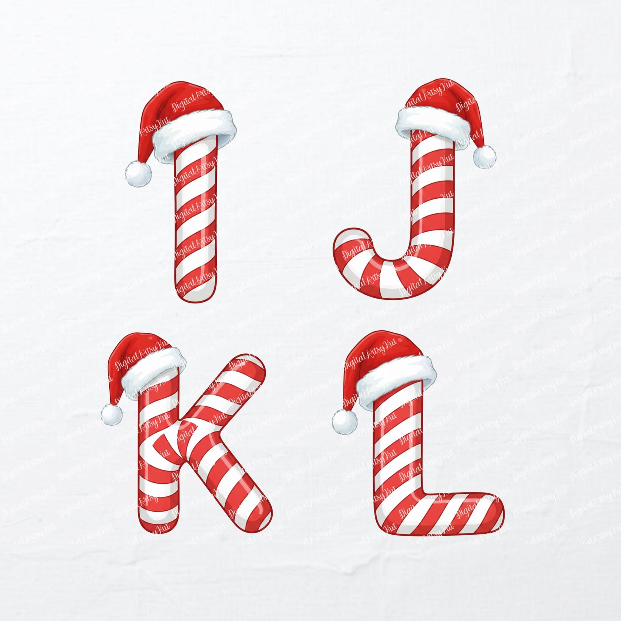Christmas Candy Cane Alphabet PNG | Jolly Xmas Letters With Santa Hats ...