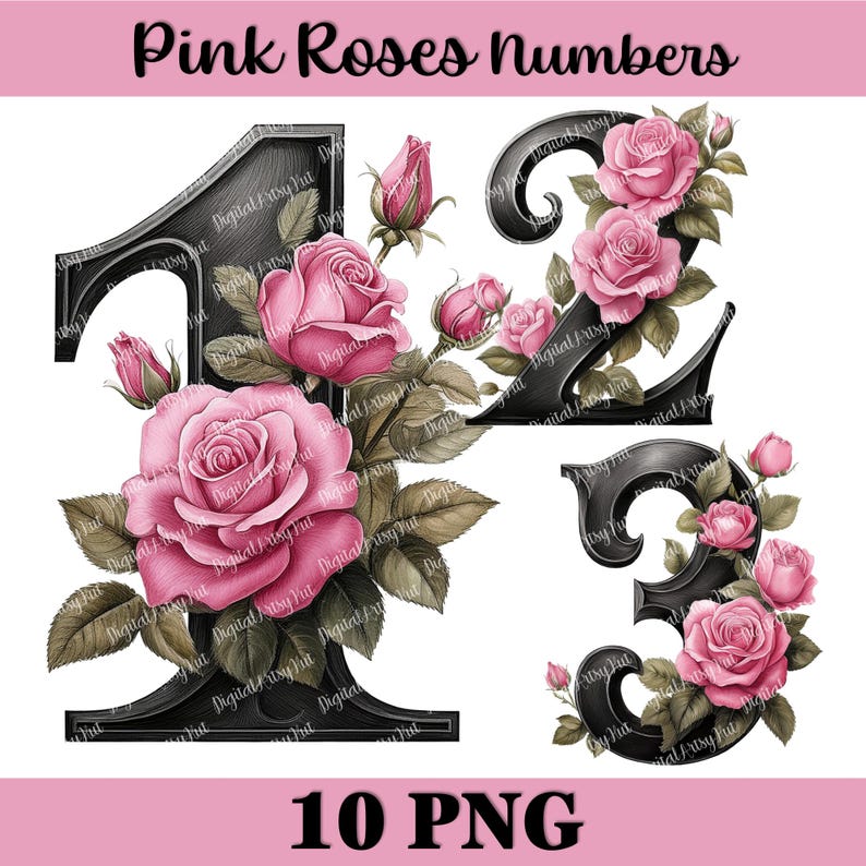 Pink Roses Numbers Clipart: Elegant Black Typography (10 PNG Digital ...