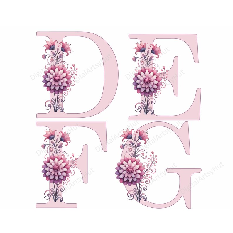 Floral Alphabet Clipart Bundle: Pink Flower Letters (PNG Digital ...