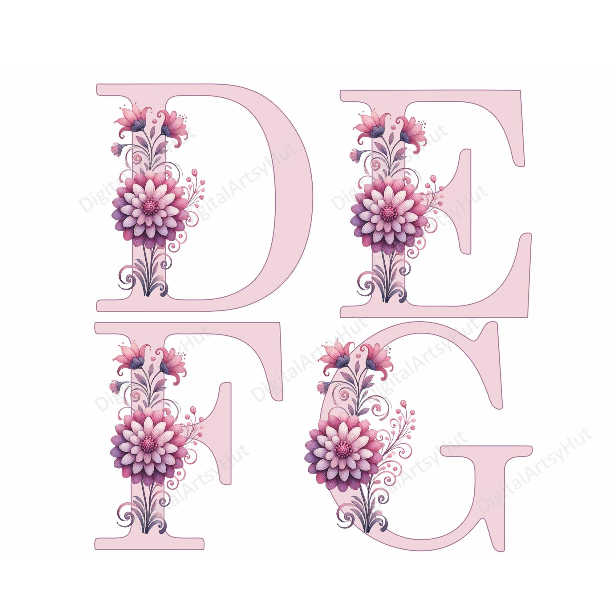 Floral Alphabet Clipart Bundle: Pink Flower Letters (PNG Digital ...