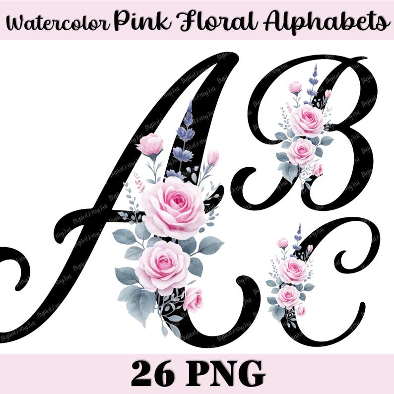 Watercolor Floral Alphabet Clipart: Pink Rose Letters PNG (digital ...