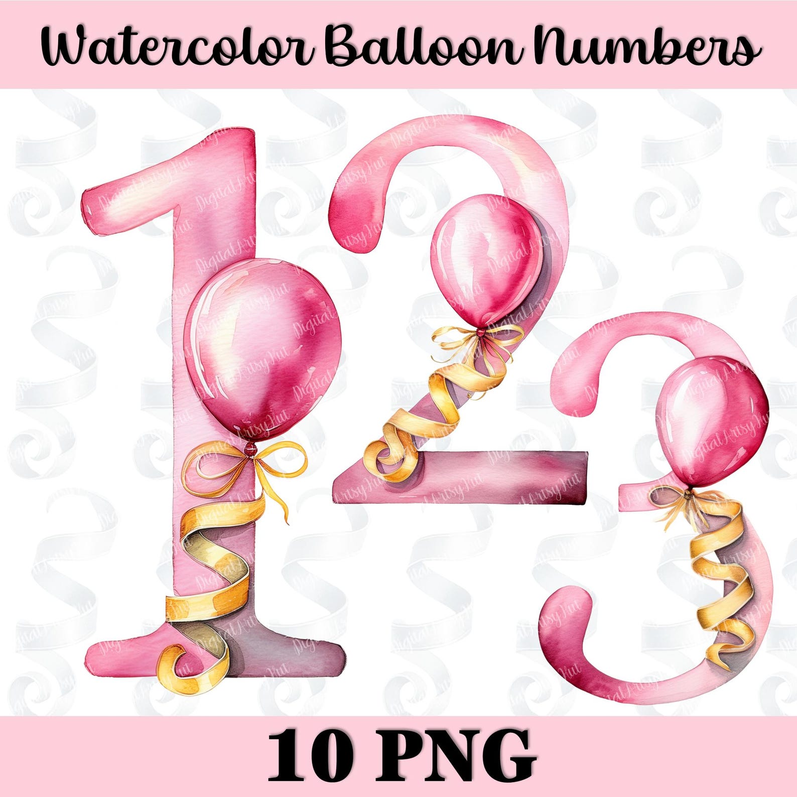 Watercolor Balloon Numbers Clipart: Birthday Anniversary PNG (digital ...