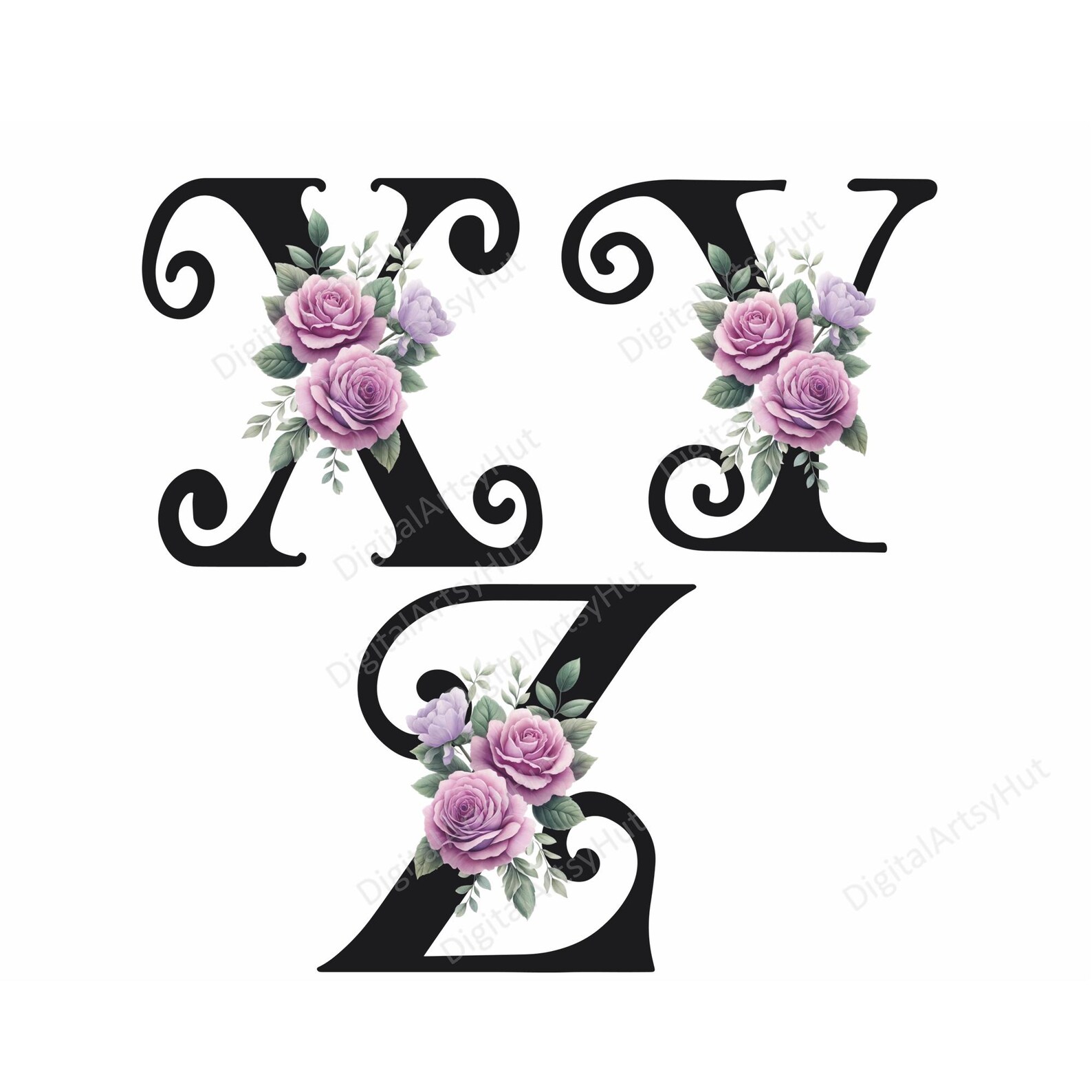 Floral Letter Alphabet Clipart Bundle With Watercolor Roses ...