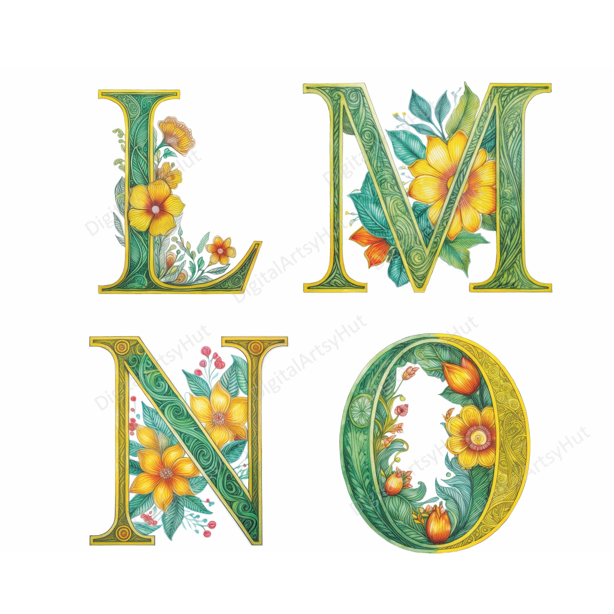 Floral Alphabet Clipart Bundle: Decorative PNG Letters (digital ...