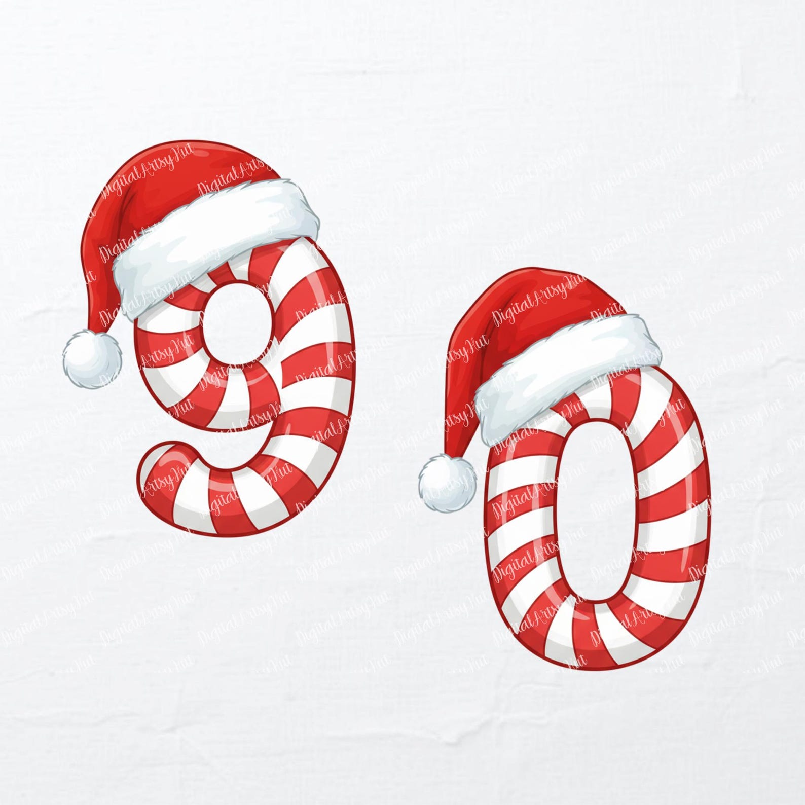 Christmas Candy Cane Numbers (0–9) PNG Set – Santa Hat Clipart, 300 DPI ...