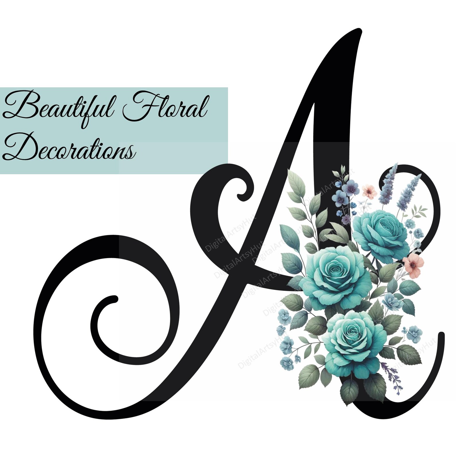 Floral Letter Alphabet Clipart Bundle With Turquoise Watercolor Roses ...