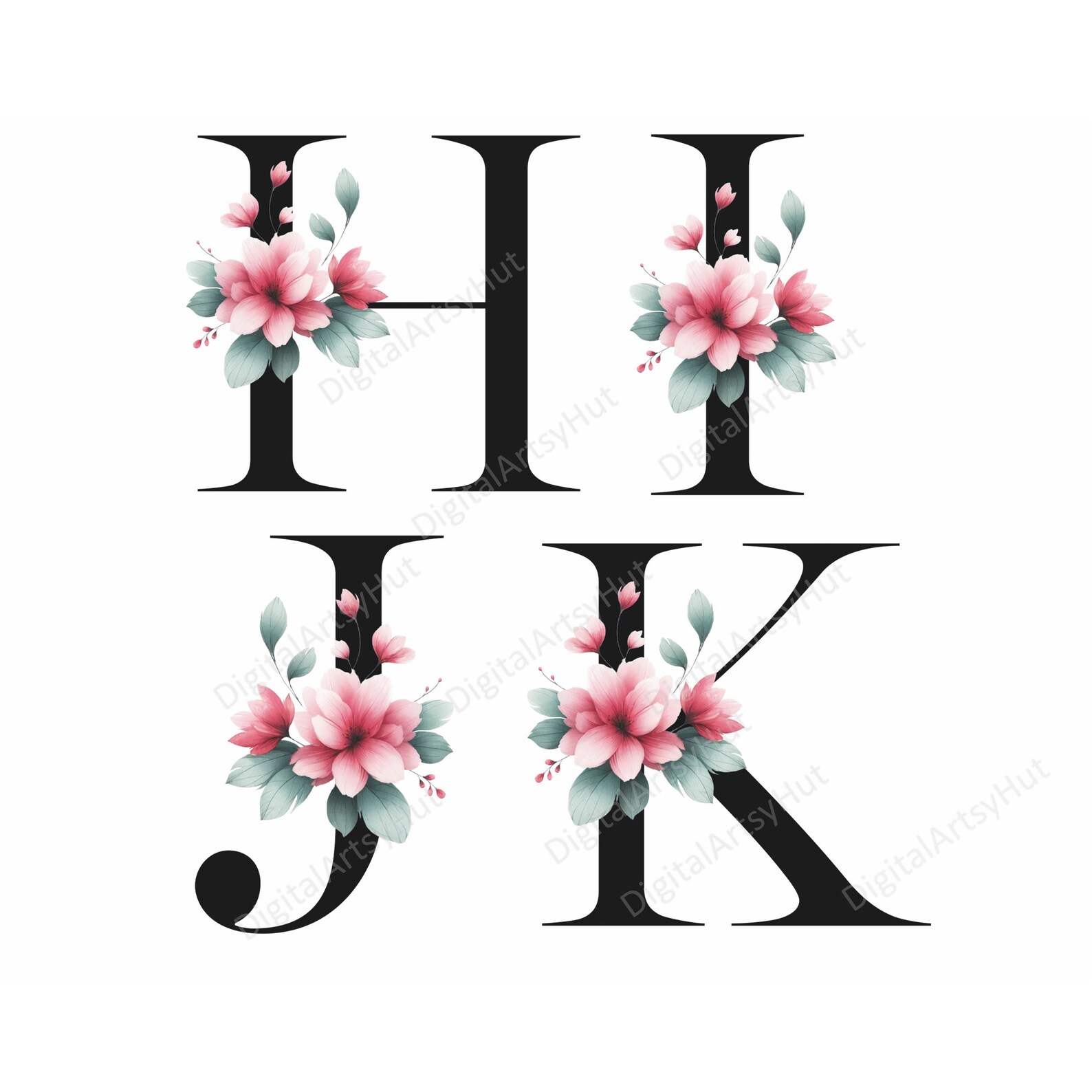 Floral Letter Alphabet Clipart Bundle With Pink Watercolor Flowers ...