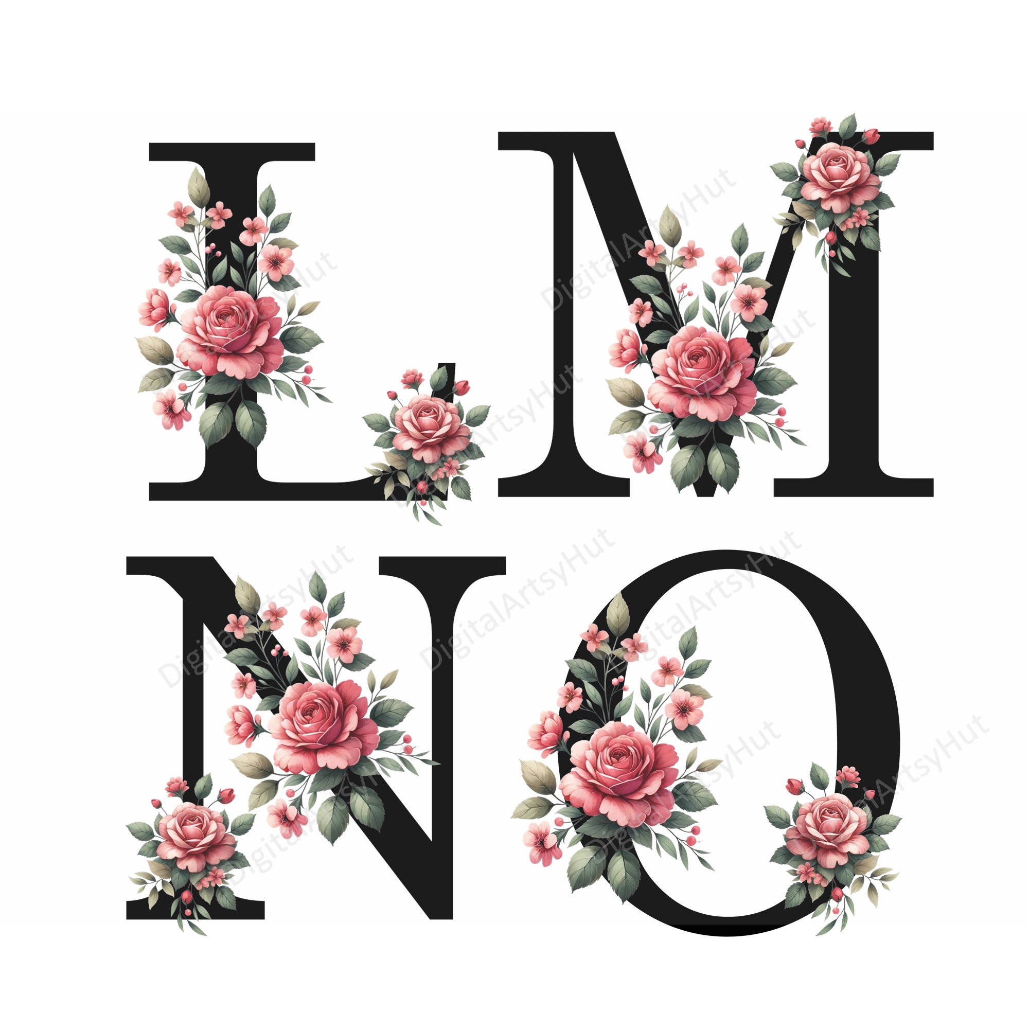 Floral Alphabet PNG Bundle With Pink Watercolor Roses. Sublimation ...