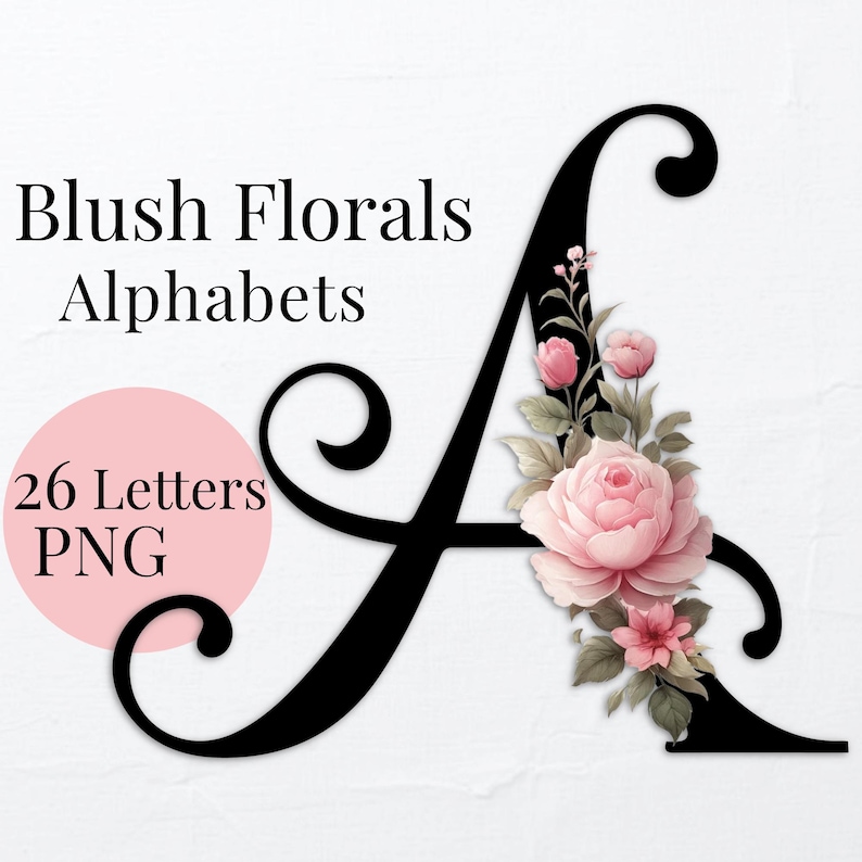 Blush Floral Letter Alphabet Clipart Bundle With Pink Watercolor ...