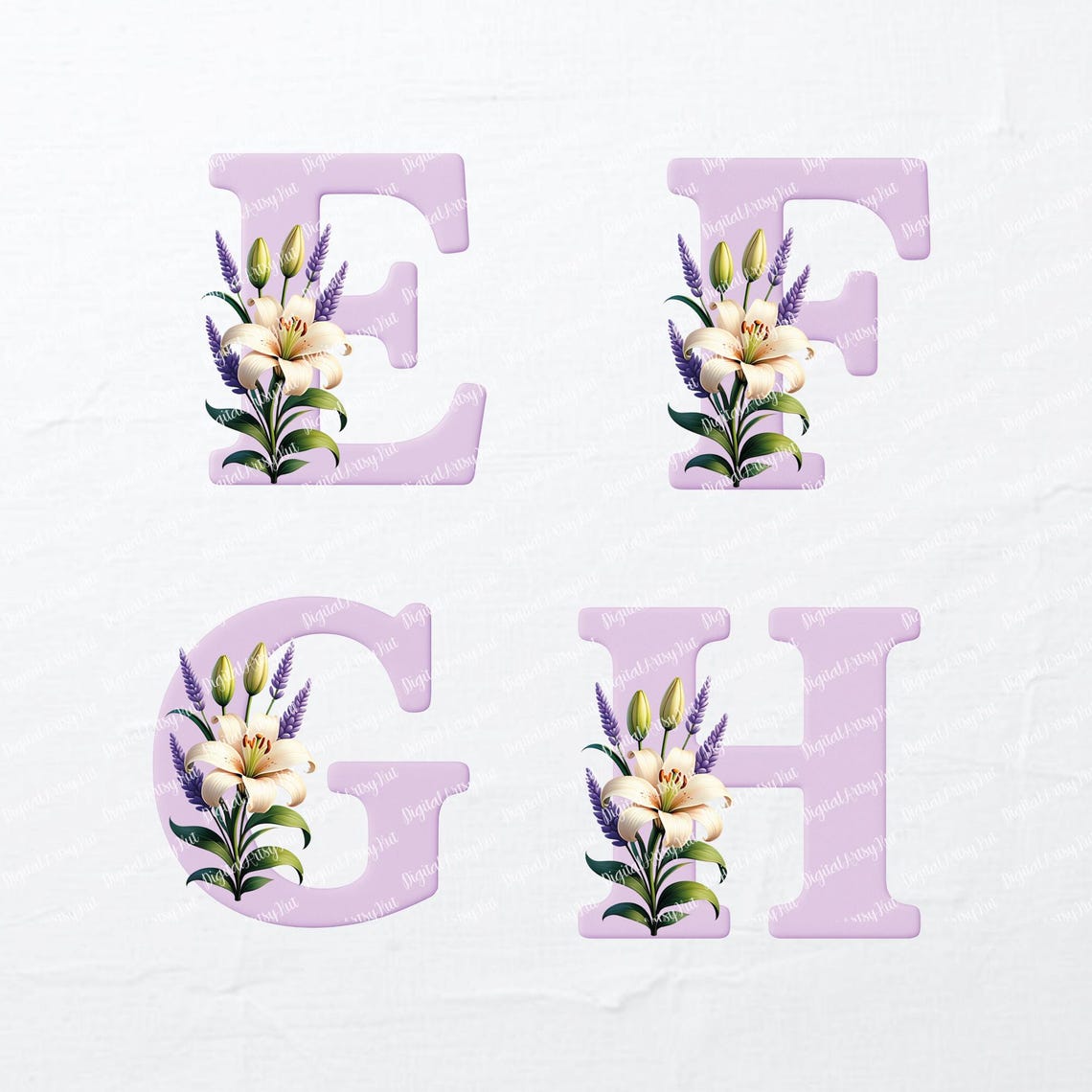 Floral Lily Lavender Alphabet Clipart: Sublimation Letters (PNG Digital ...