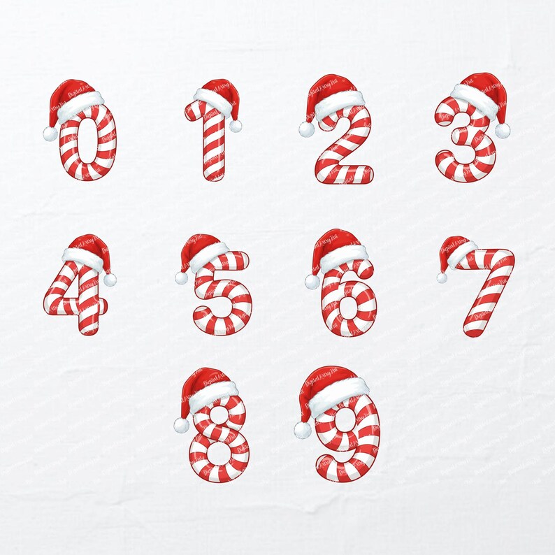 Christmas Candy Cane Numbers (0–9) PNG Set – Santa Hat Clipart, 300 DPI ...