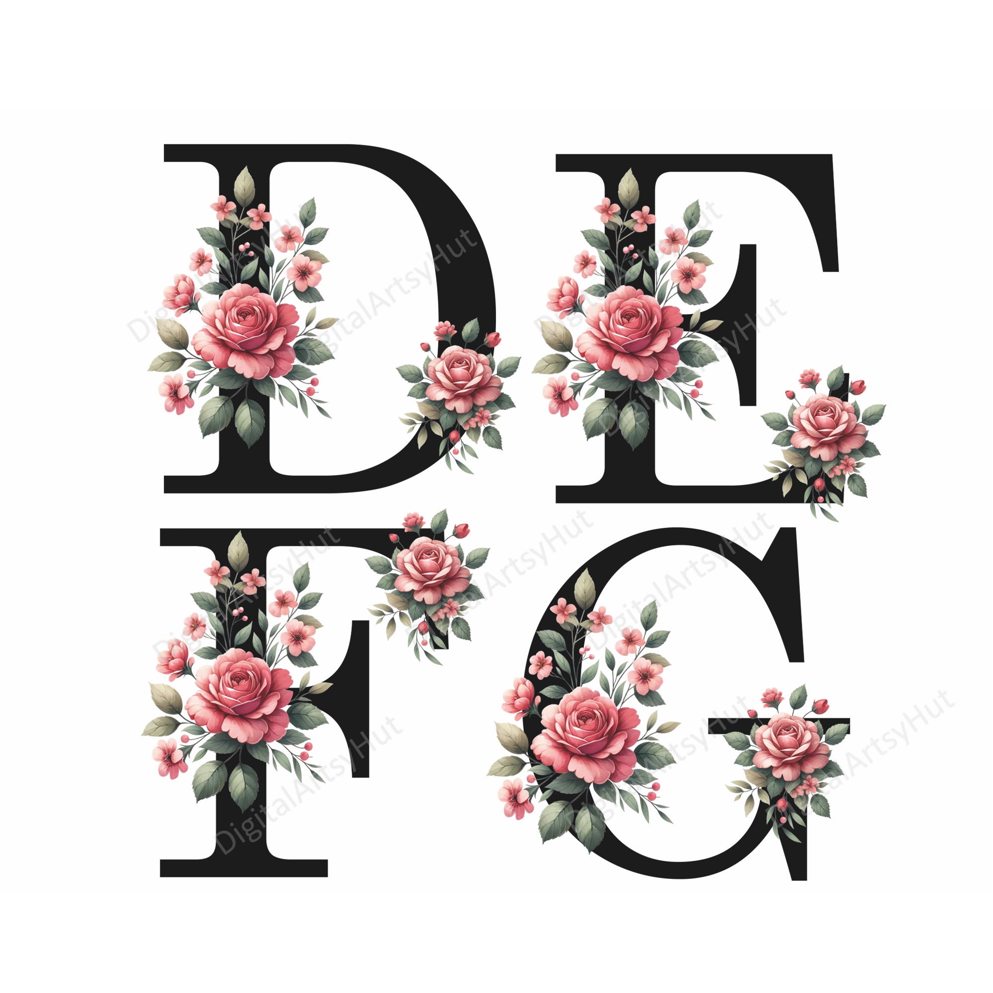 Floral Alphabet PNG Bundle With Pink Watercolor Roses. Sublimation ...
