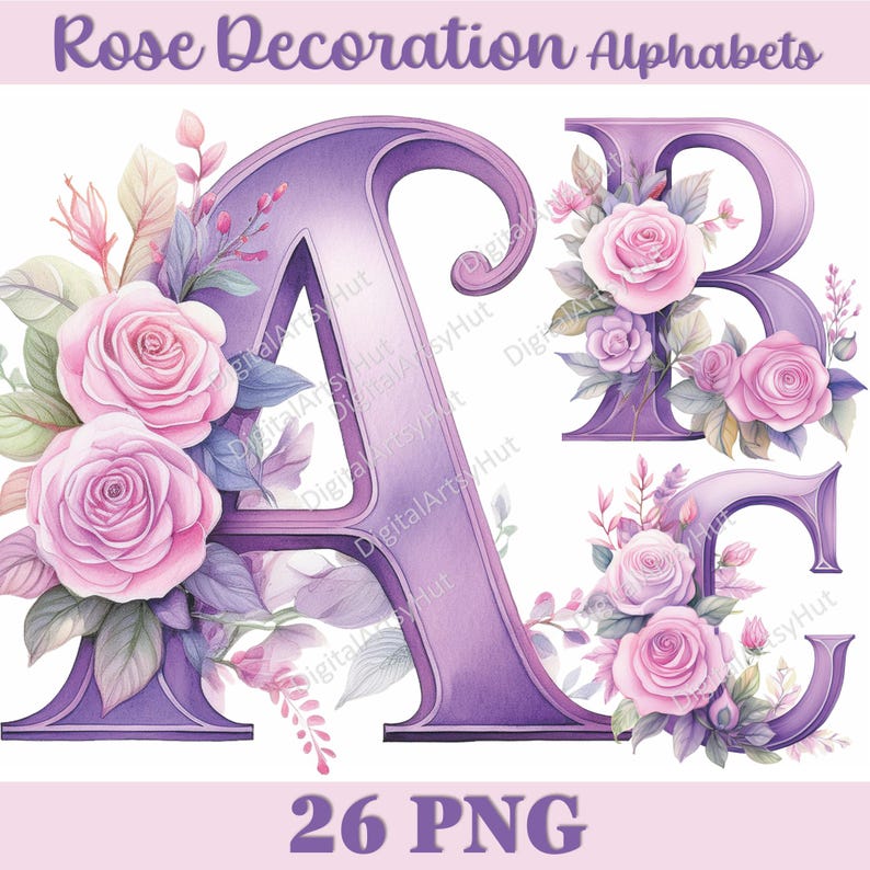 Watercolor Floral Alphabet Letters: Rose Monogram Clipart (digital ...