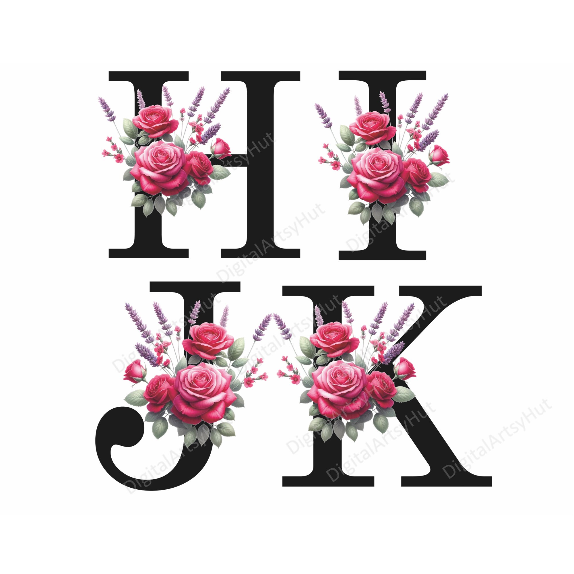 Floral Letters PNG Alphabet Clipart Bundle With Red Watercolor Roses ...