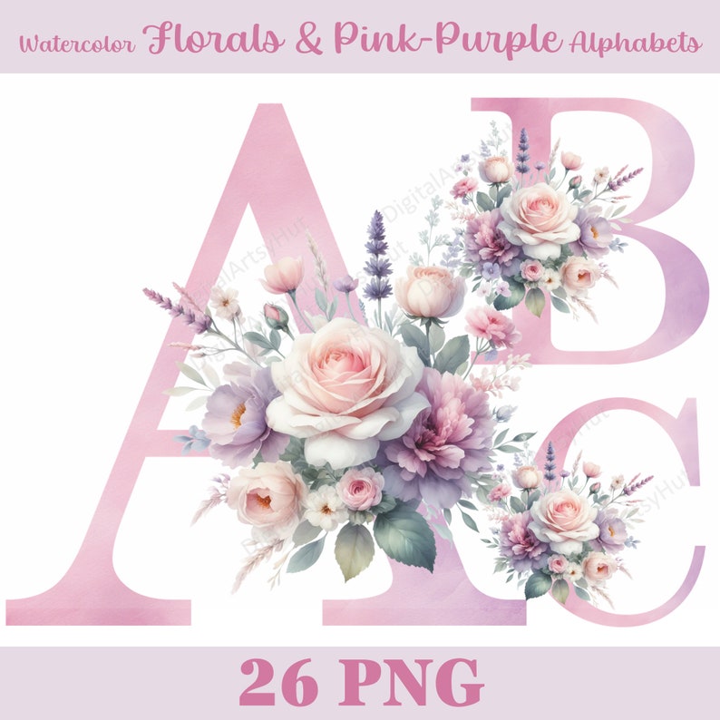 Watercolor Letter Alphabet Bundle Floral Letters DIY Digital Graphics ...