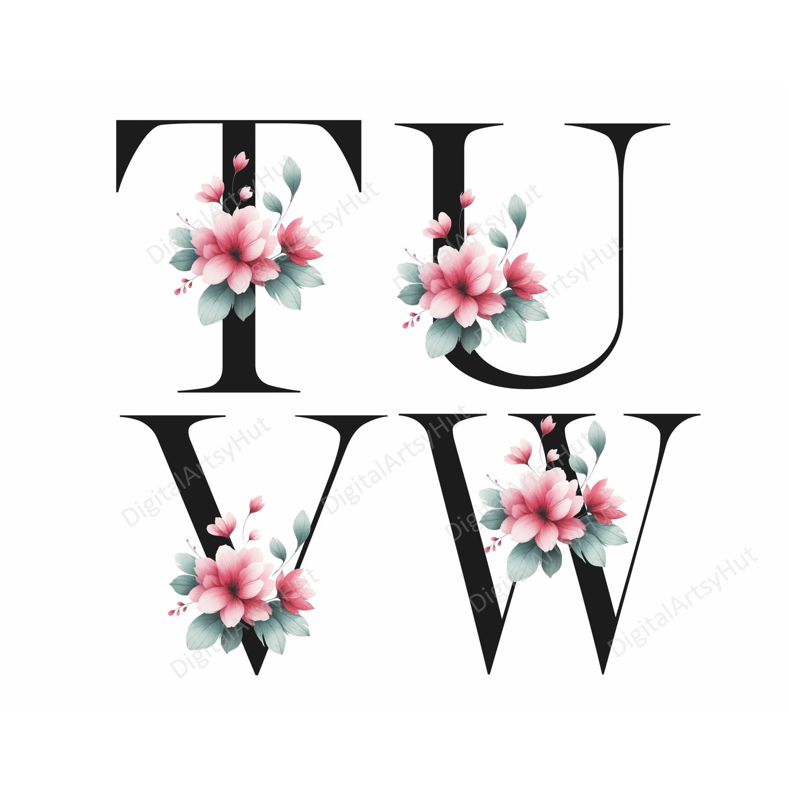 Floral Letter Clipart: Pink Watercolor Flower Alphabet (PNG Digital ...