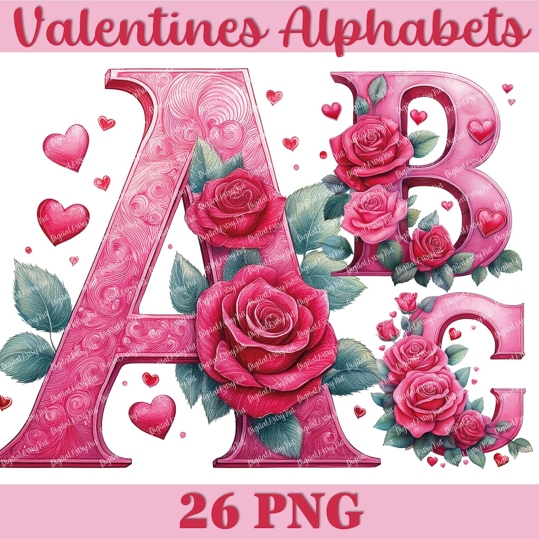 Watercolor Roses Valentine Letters Alphabet Bundle. Valentines PNG ...