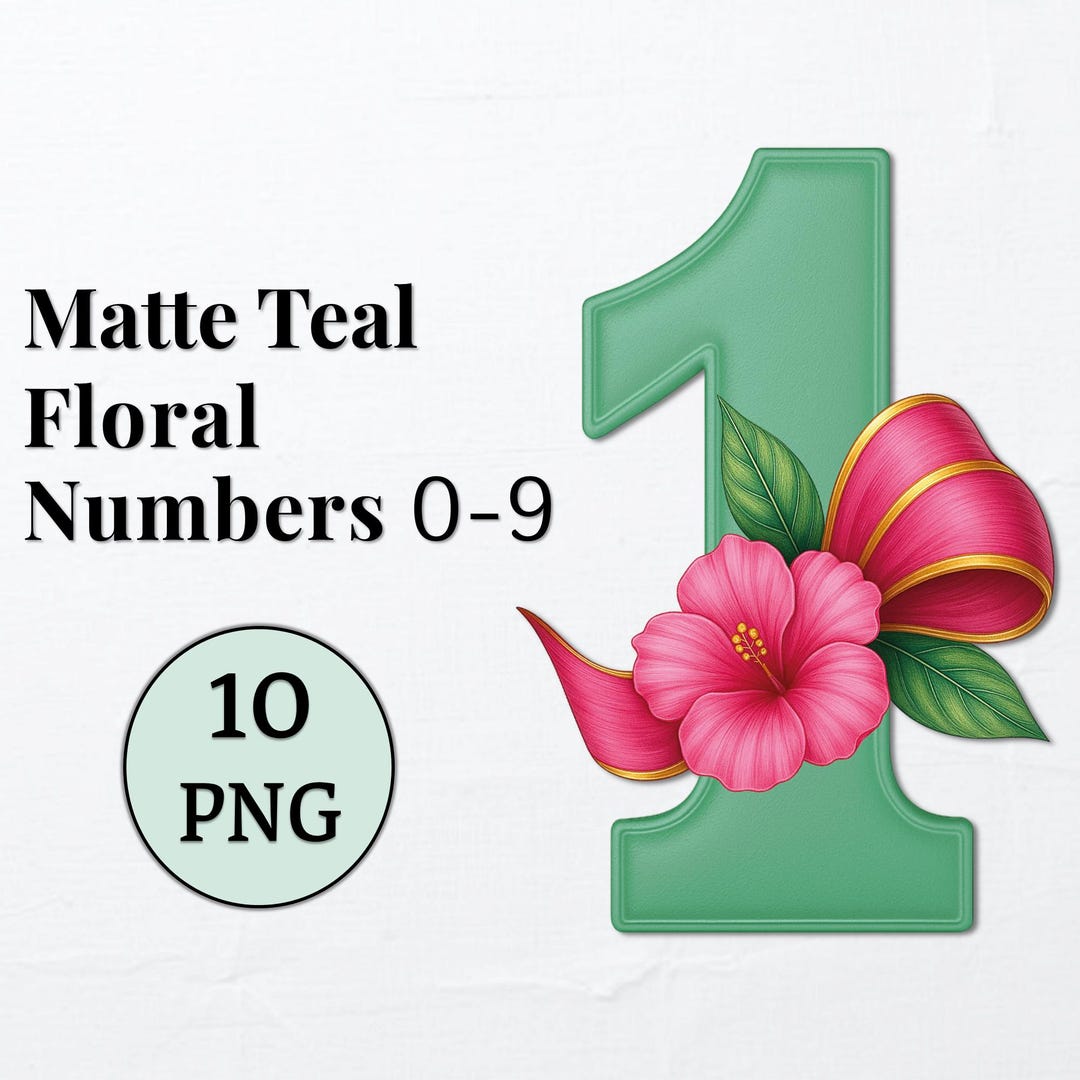 Teal Floral Numbers Clipart PNG With Ribbons. Printable Numbers ...