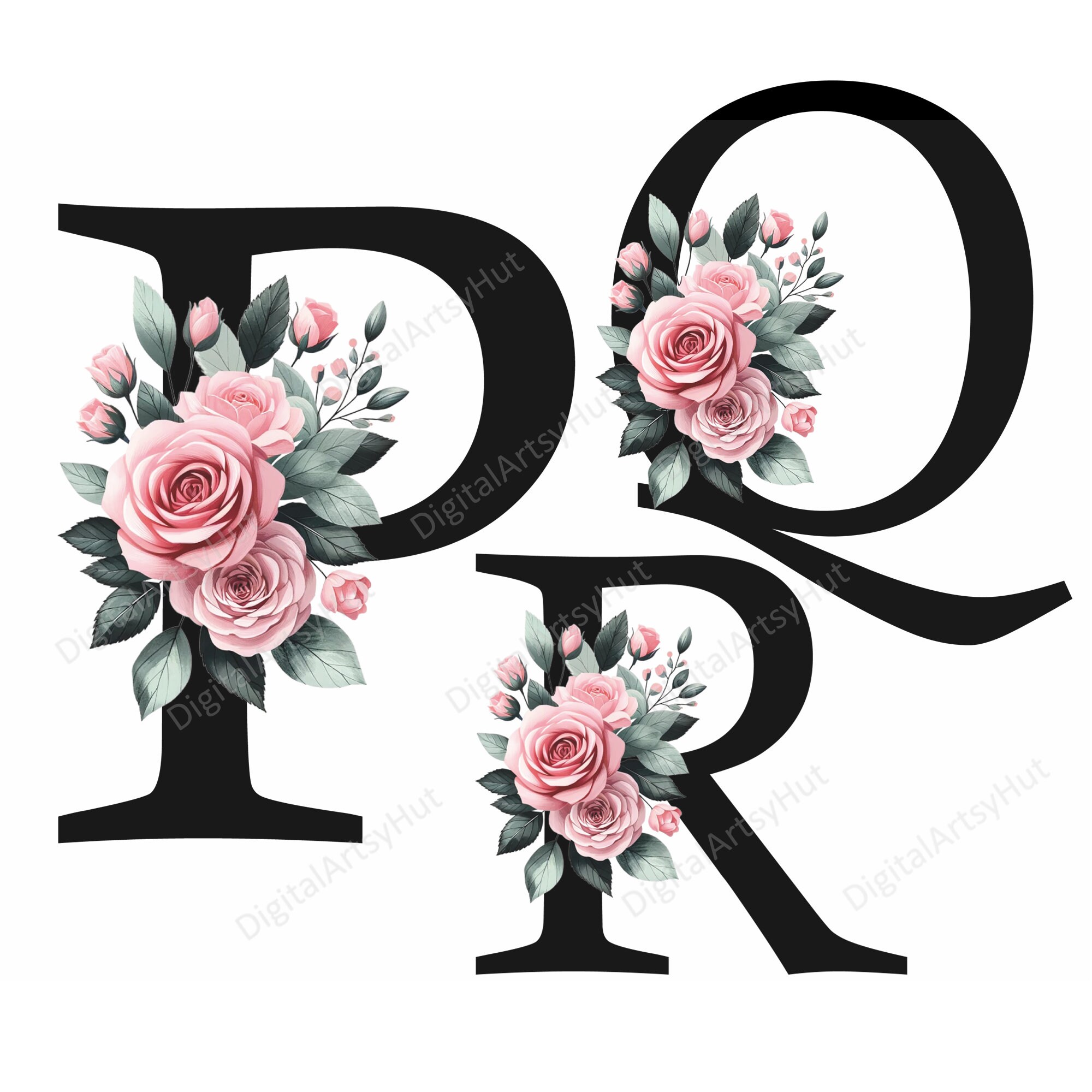 Watercolor Rose Floral Letter Clipart: Wedding Monogram (digital ...