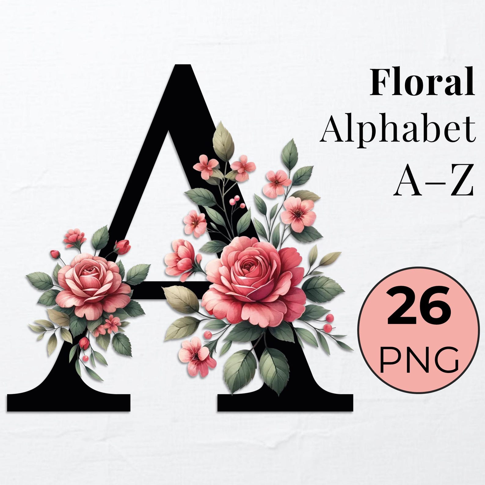 Watercolor Floral Alphabet PNG Bundle: Pink Rose Letters (digital ...