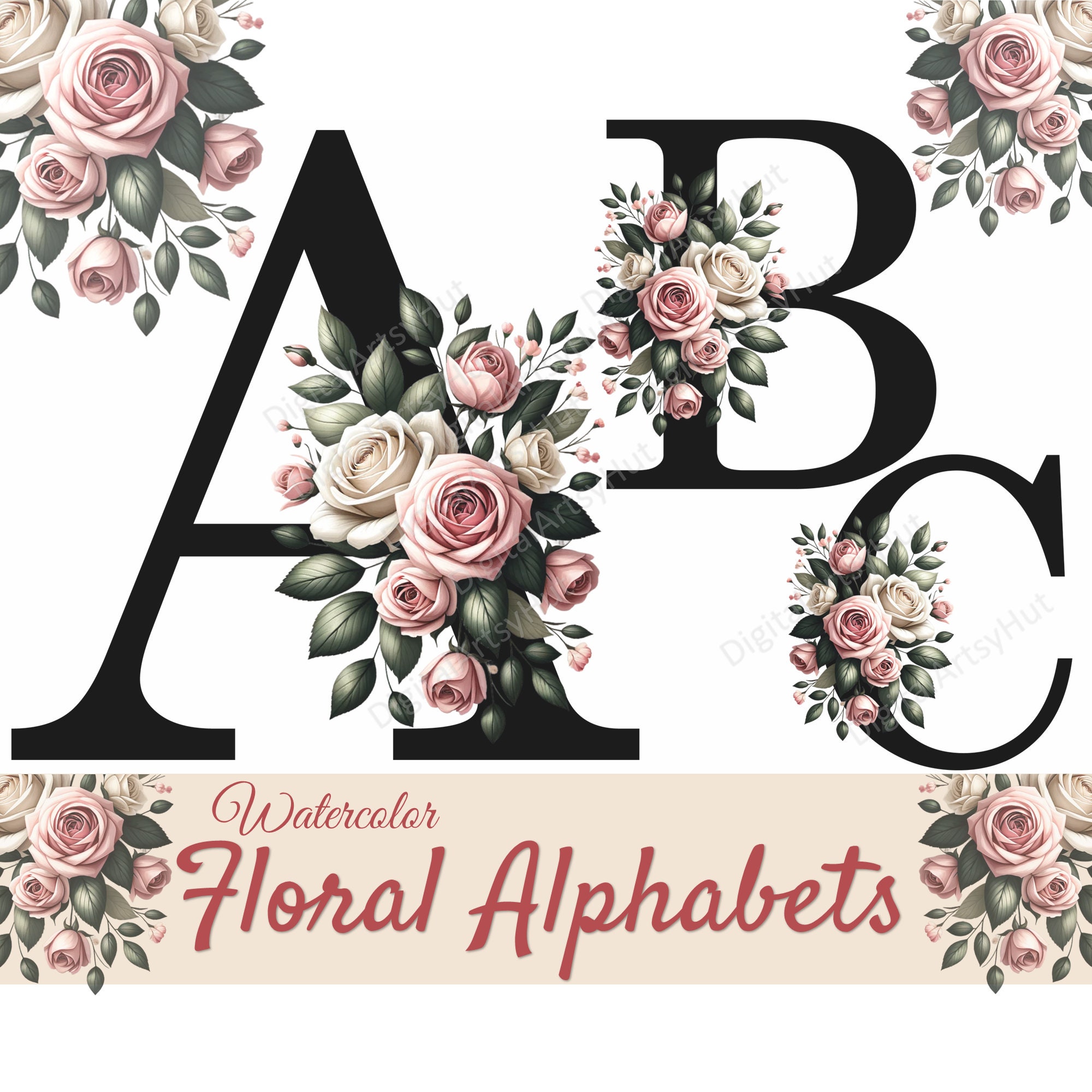 Floral Letter Alphabet Clipart Bundle With Pink Watercolor Roses ...